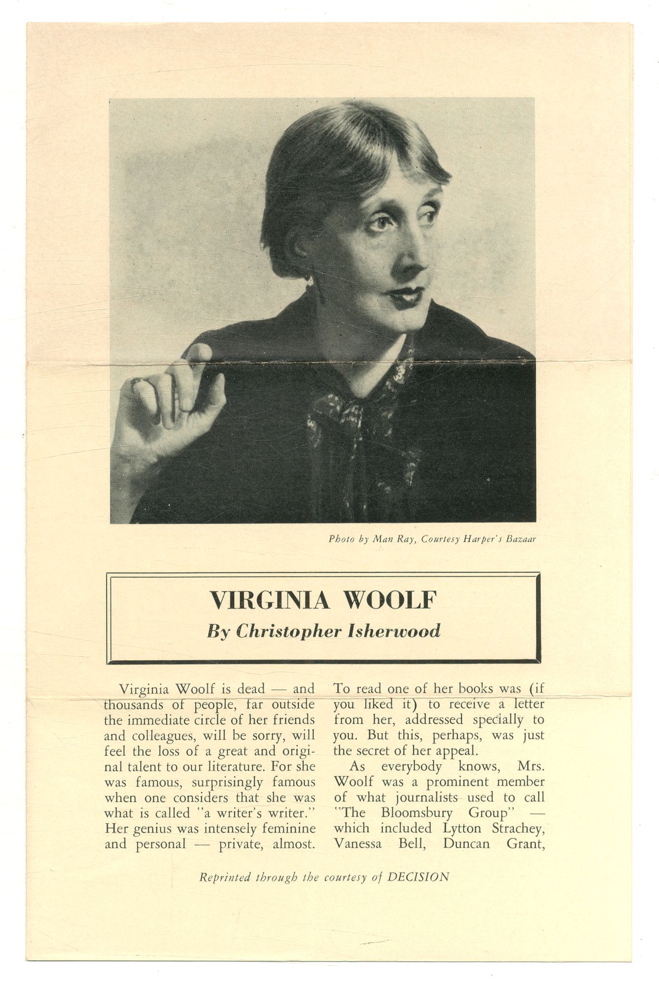 [Offprint]: Virginia Woolf by ISHERWOOD, Christopher: Very Good Unbound ...