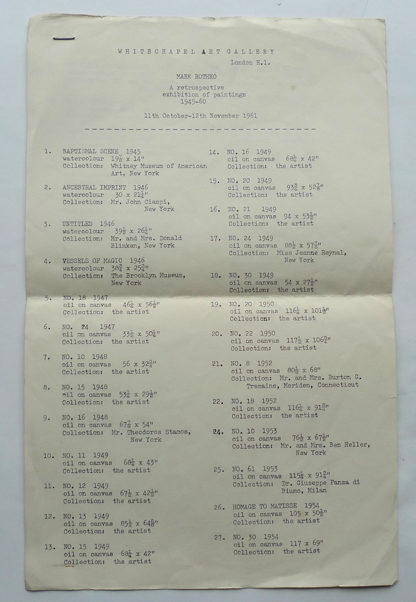 Mark Rothko, A Retrospective Exhibition, Paintings 1945-1960 ...