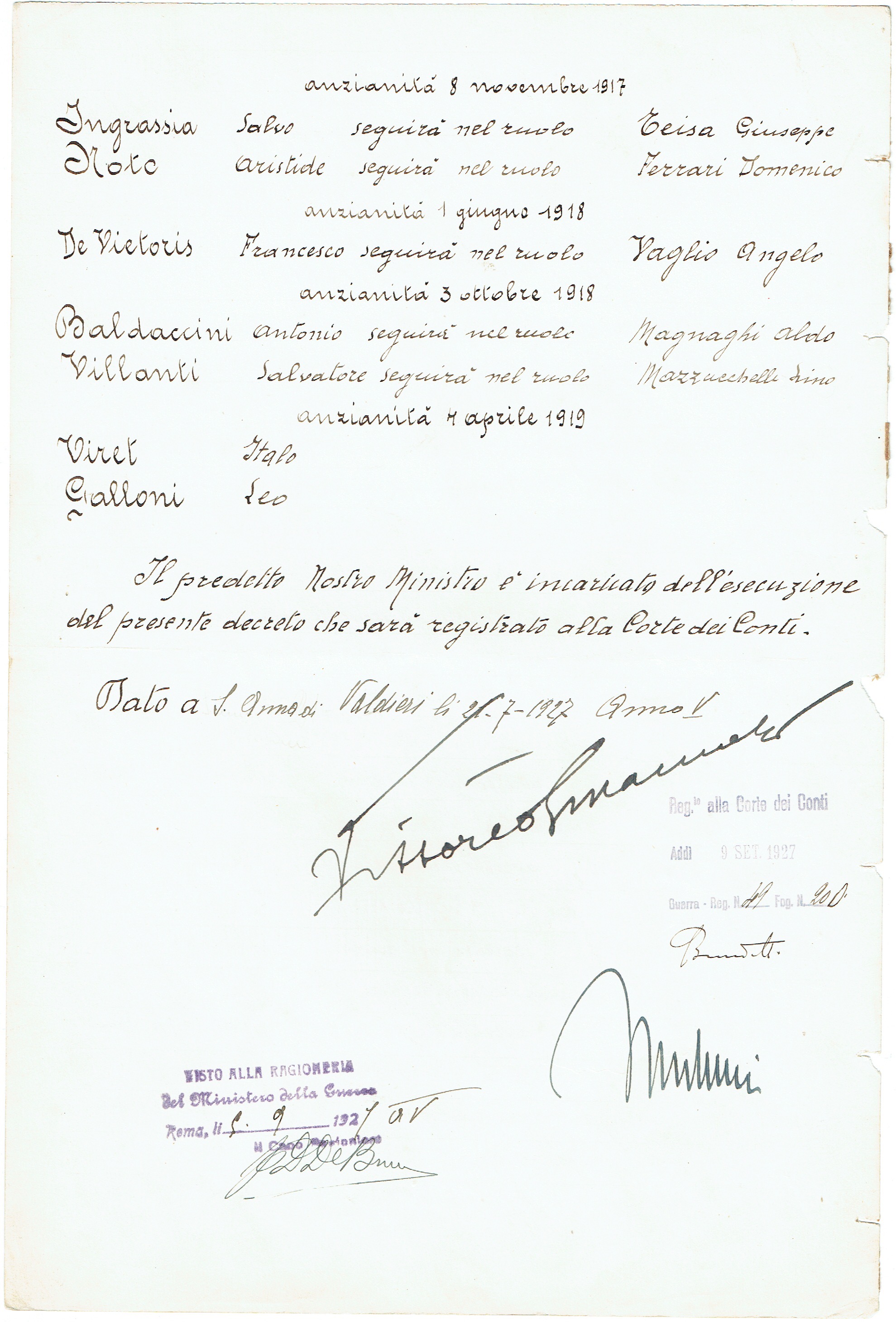 Document signed by Mussolini and King Vittorio Emanuele III. by ...