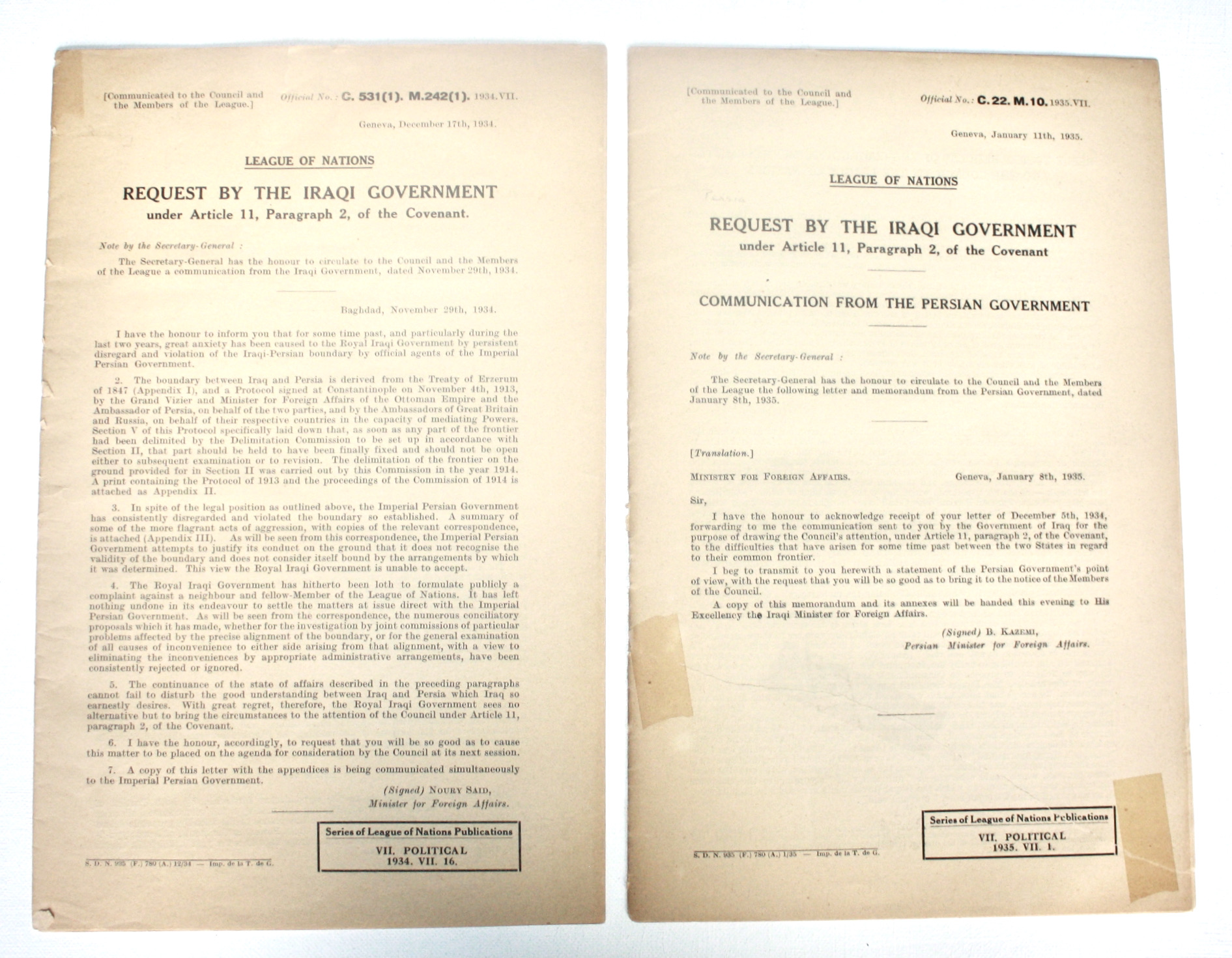 [2 documents on the Iraq-Persia boundary dispute] League of Nations ...