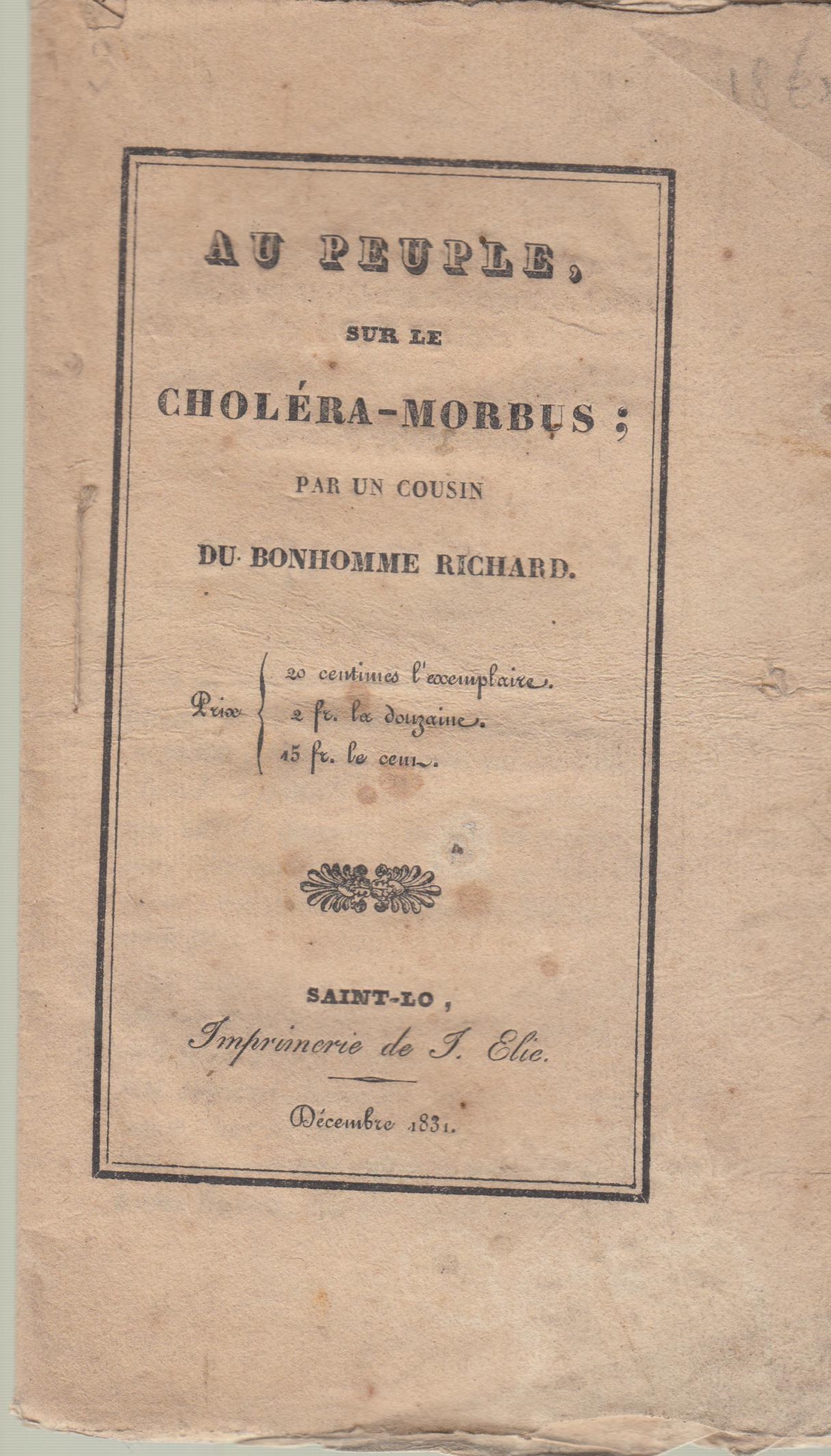 Au peuple, sur le choléra-morbus : par un cousin du bonhomme Richard by ...