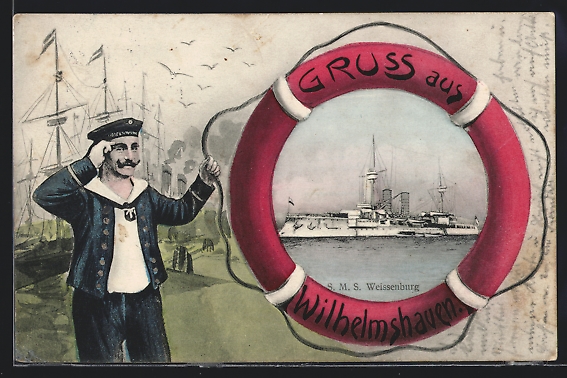 Ansichtskarte Wilhelmshaven, Dampfer SMS Weissenburg, Kapitän mit ...