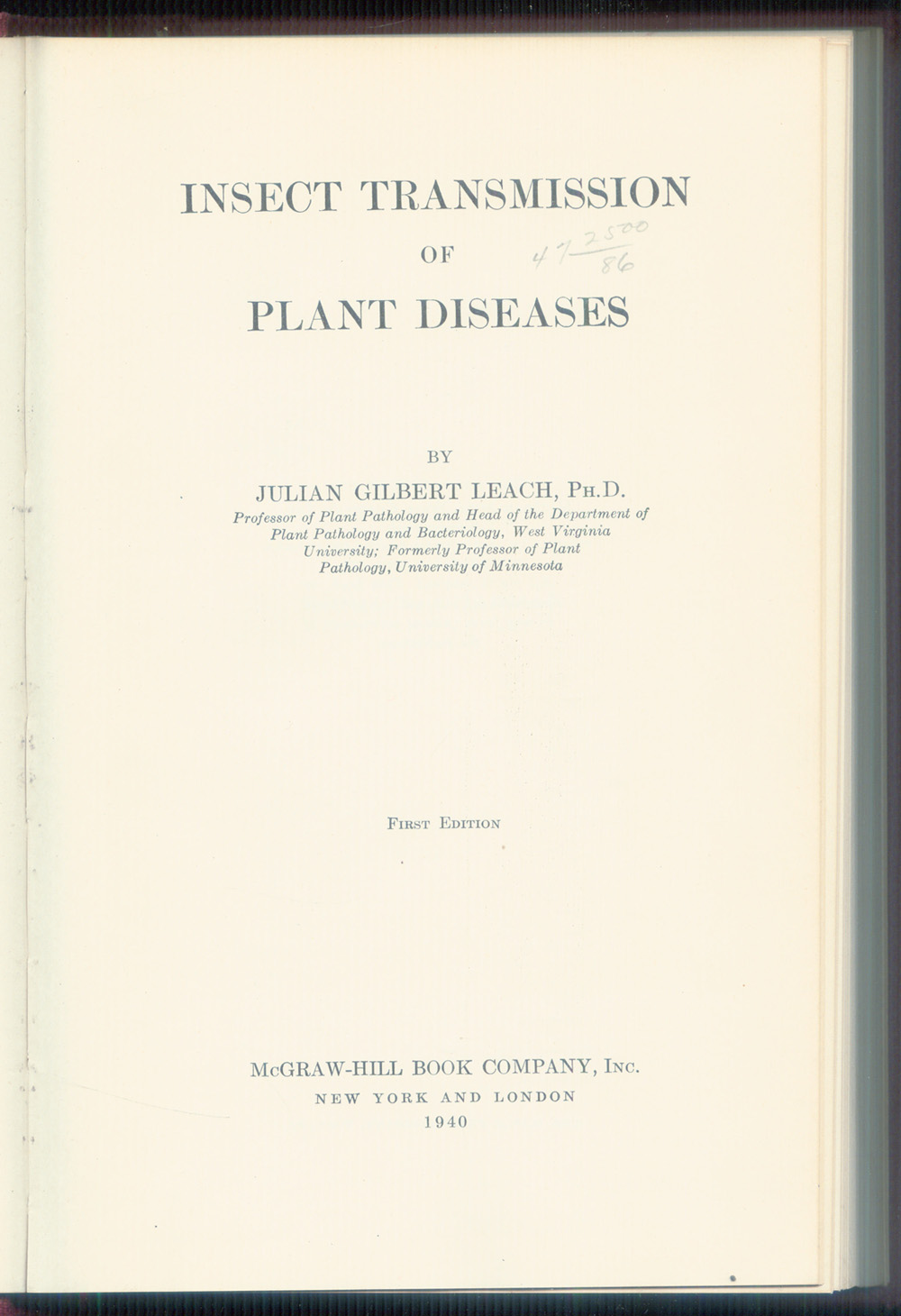 Insect Transmission of Plant Diseases by Leach, Julian Gilbert: Fair ...