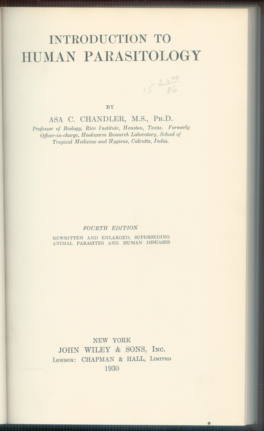 Introduction to Human Parasitology by Chandler, Asa C: Fair Hardbound ...