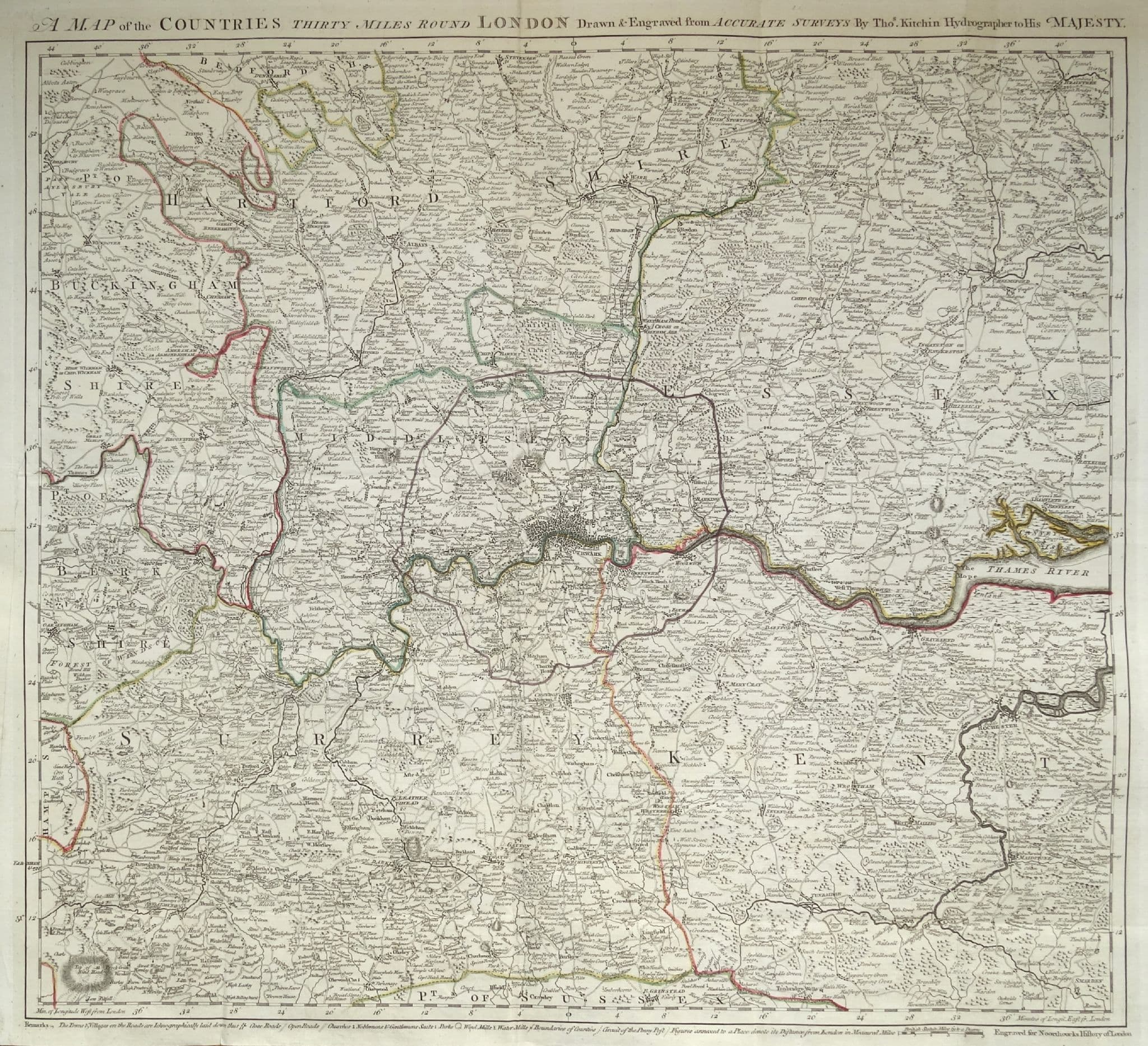 Antique Map LONDON & 30 miles round, Thomas Kitchin Original large ...