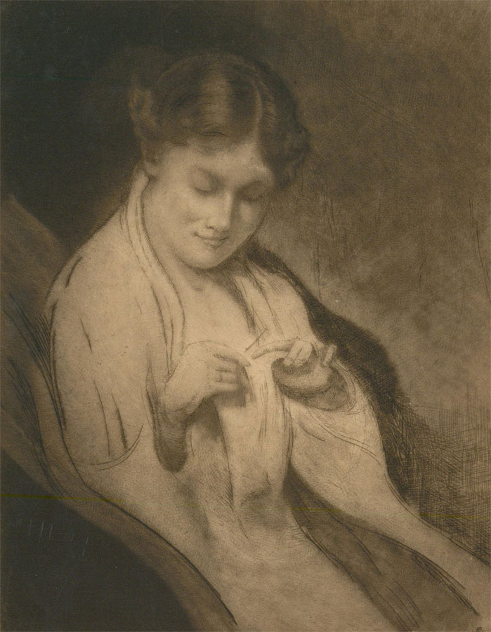 Robert Weir Allan RWS (1851-1942) - Early 20th Century Etching, Lady Knitting von Robert Weir ...