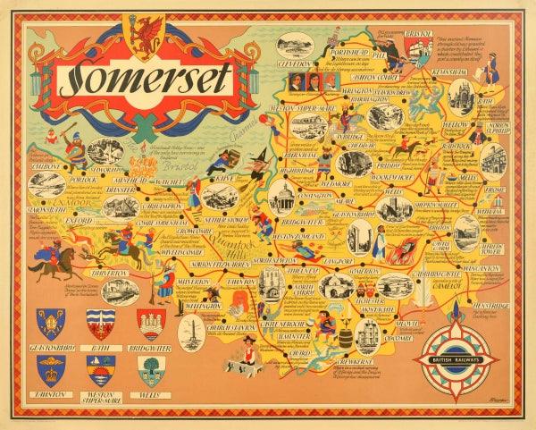 Original Vintage Poster Somerset British Railways Pictorial Map: (1950 ...