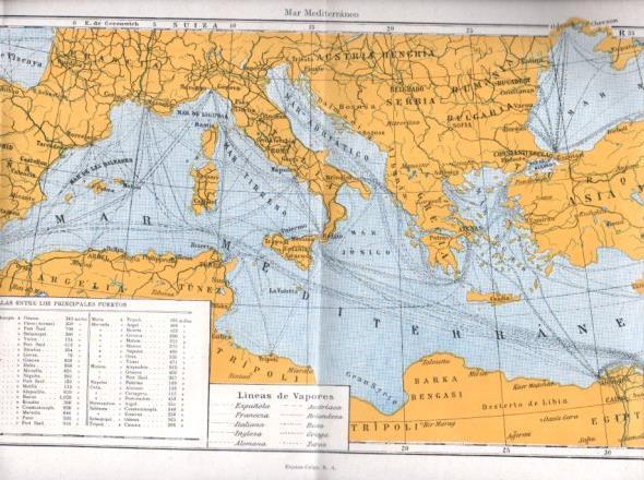 LAMINA V44197: Mapa del Mar Mediterraneo puertos y lineas de vapores de Varios: (1920 ...