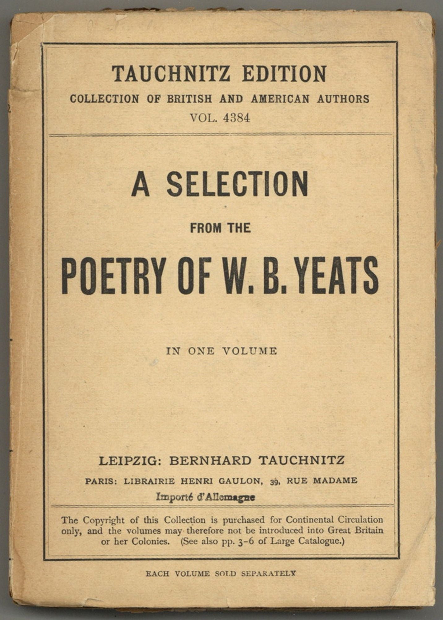 A Selection from the Poetry of W.B. Yeats by YEATS, W.B.: Very Good ...