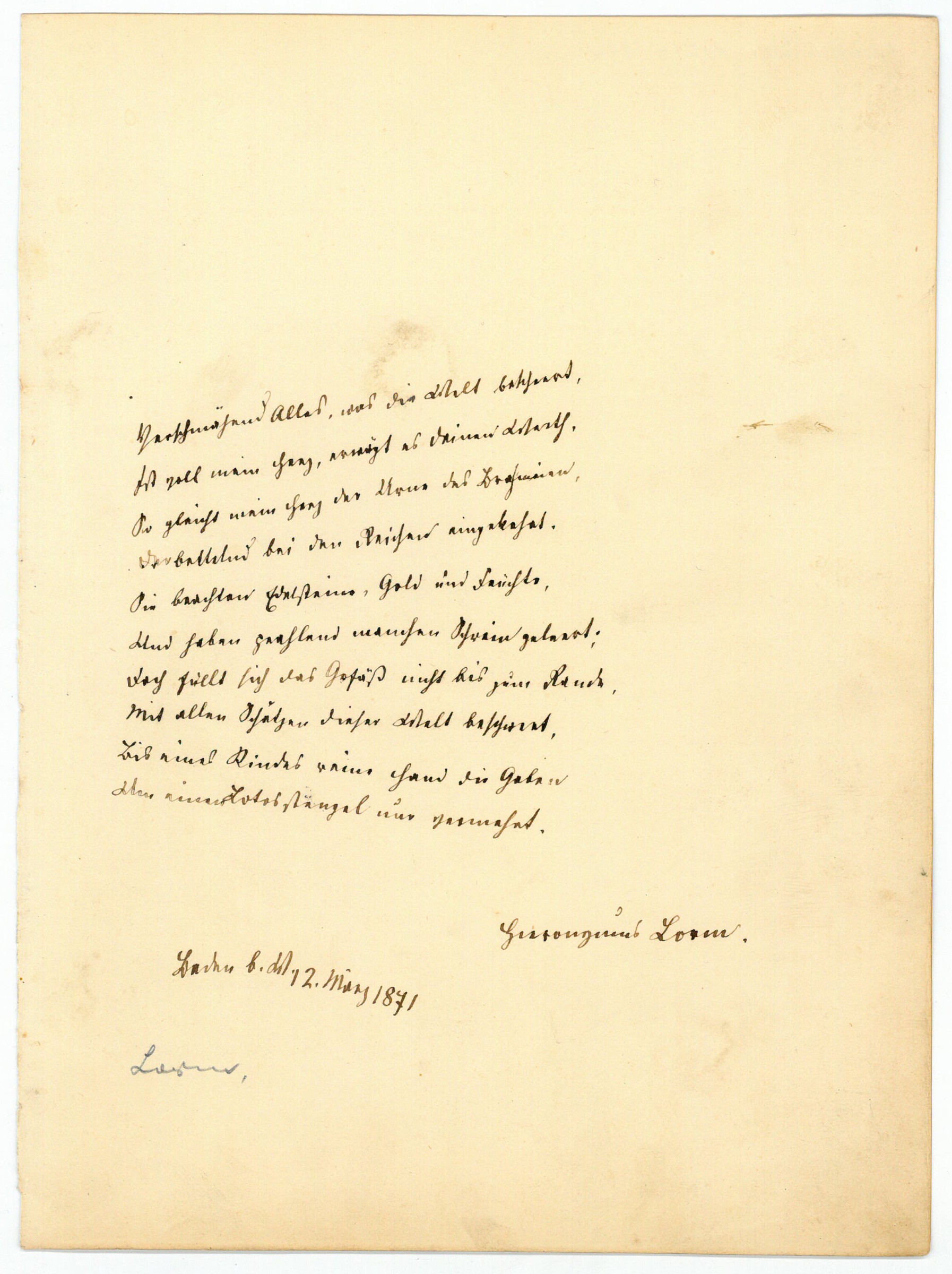 Eigenh. Albumblatt (Gedicht) mit U. de Lorm, Hieronymus (eigentl ...