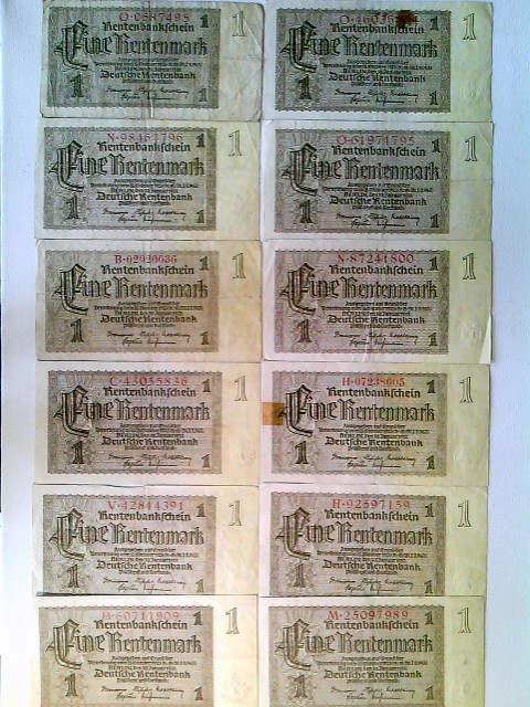 Banknoten, 10x Eine Rentenmark, Deutsche Rentenbank, 1937, Konvolut ...