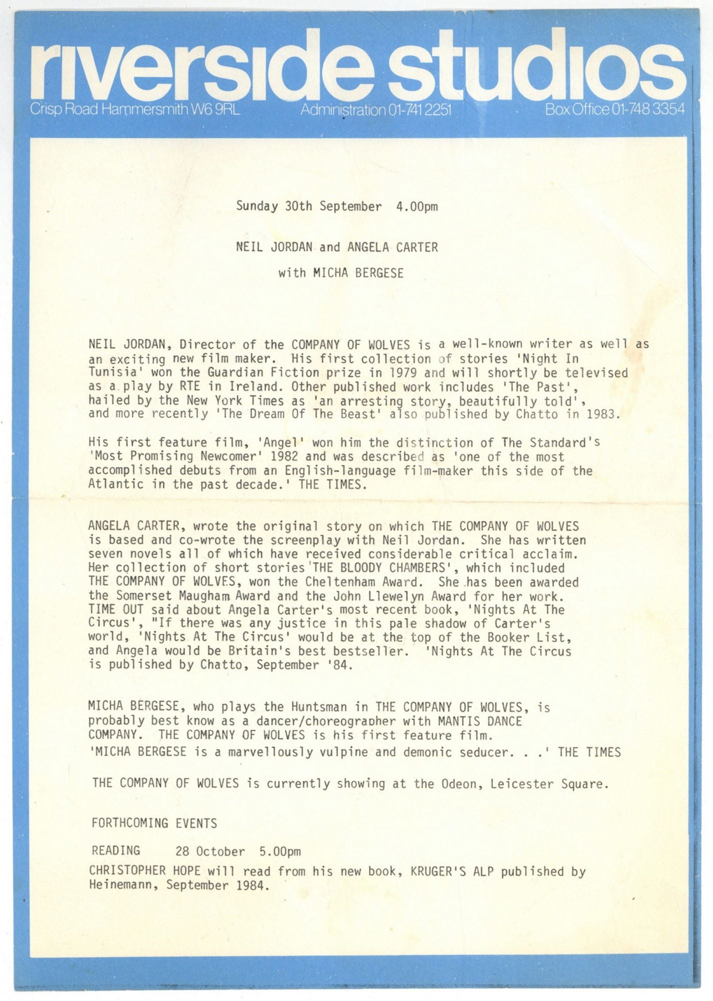 [Event Announcement]: Neil Jordan and Angela Carter with Micha Bergese ...