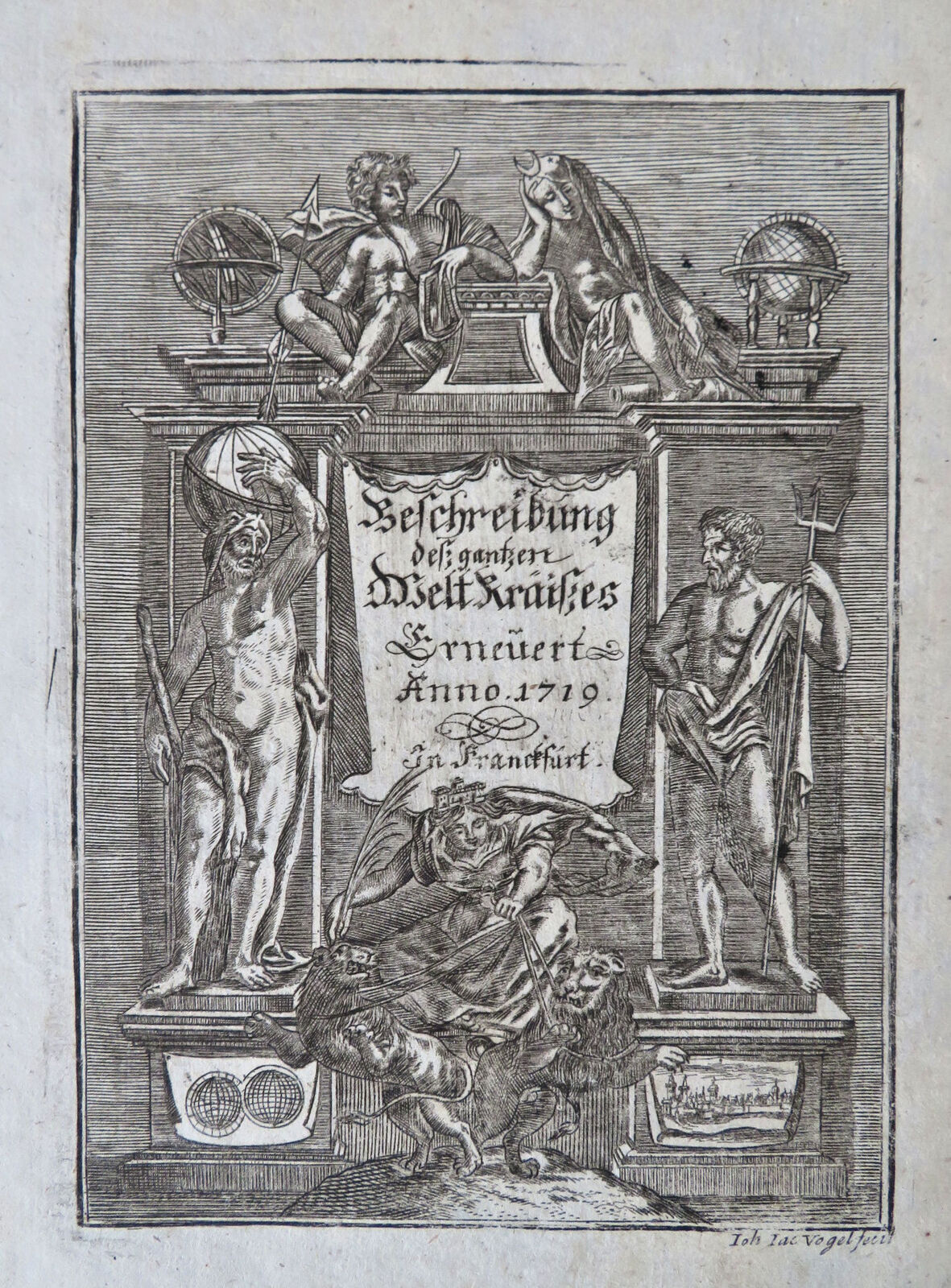 Atlas Title Page Allegorical Figures Cherub Globe 1719 Mallet engraved ...