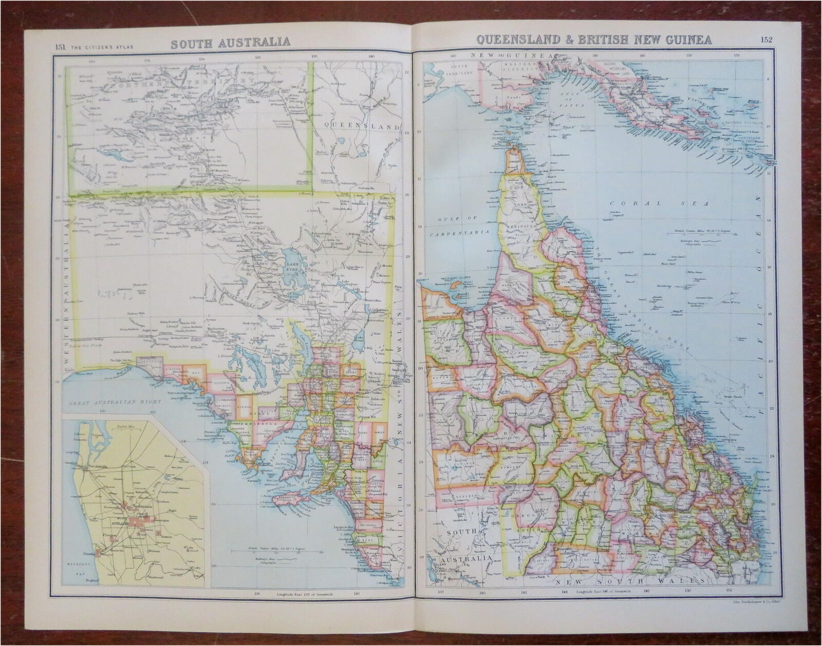 South Australia Queensland New Guinea 1912 Bartholomew large detailed ...
