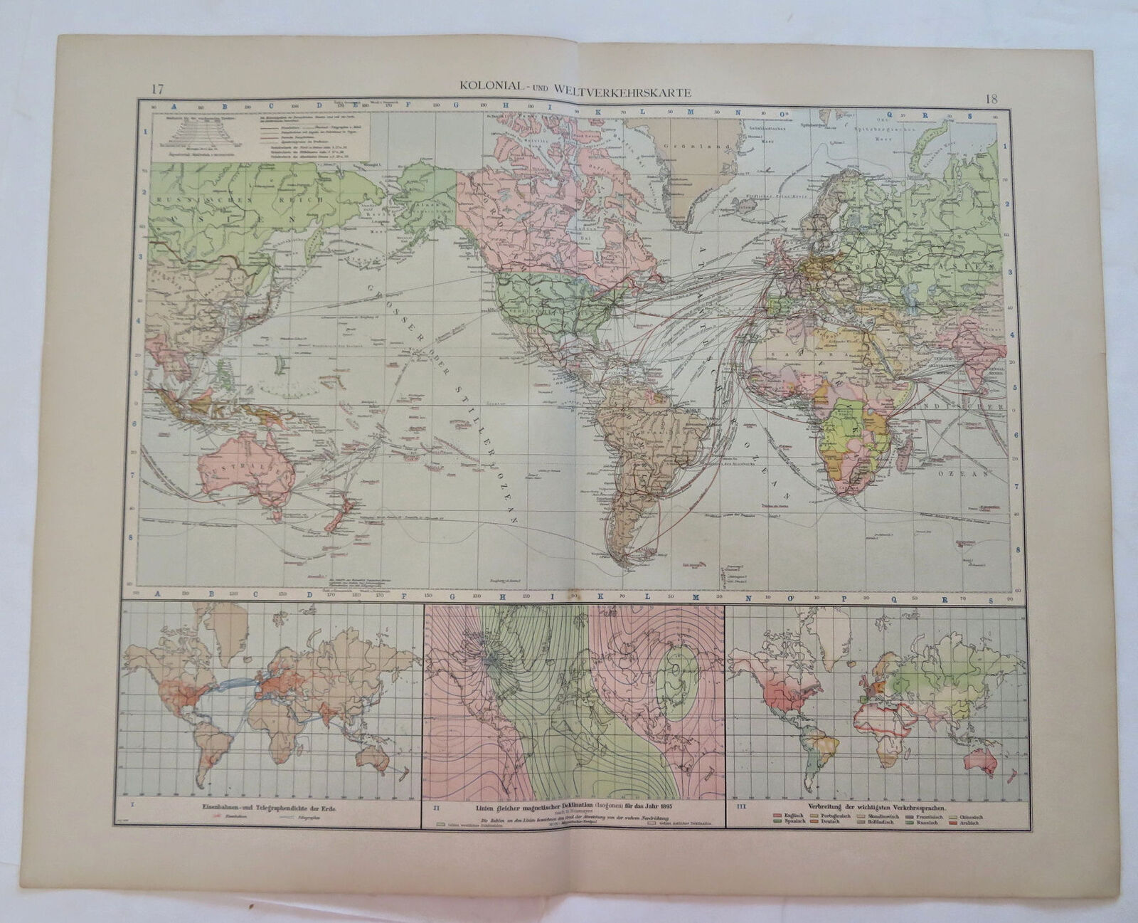 World Map shows European Colonies Atlantic Ocean Travel Routes 1895 Lot ...