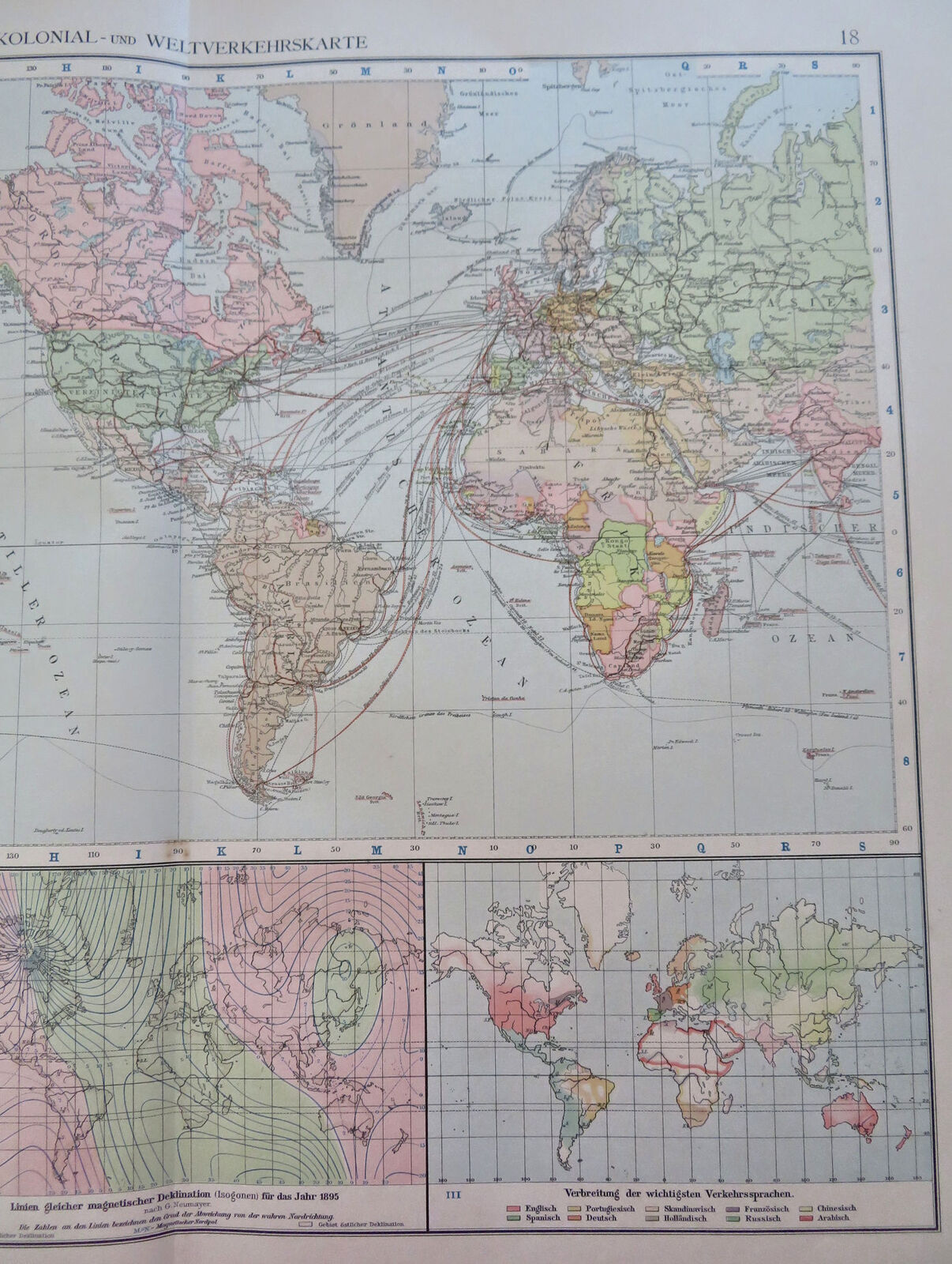 World Map shows European Colonies Atlantic Ocean Travel Routes 1895 Lot ...