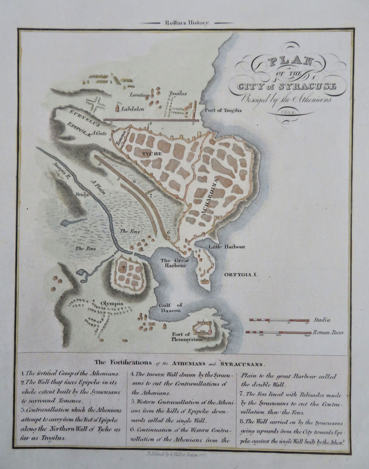Ancient Syracuse Sicily Athenian Siege 1853 Kelly engraved city plan ...