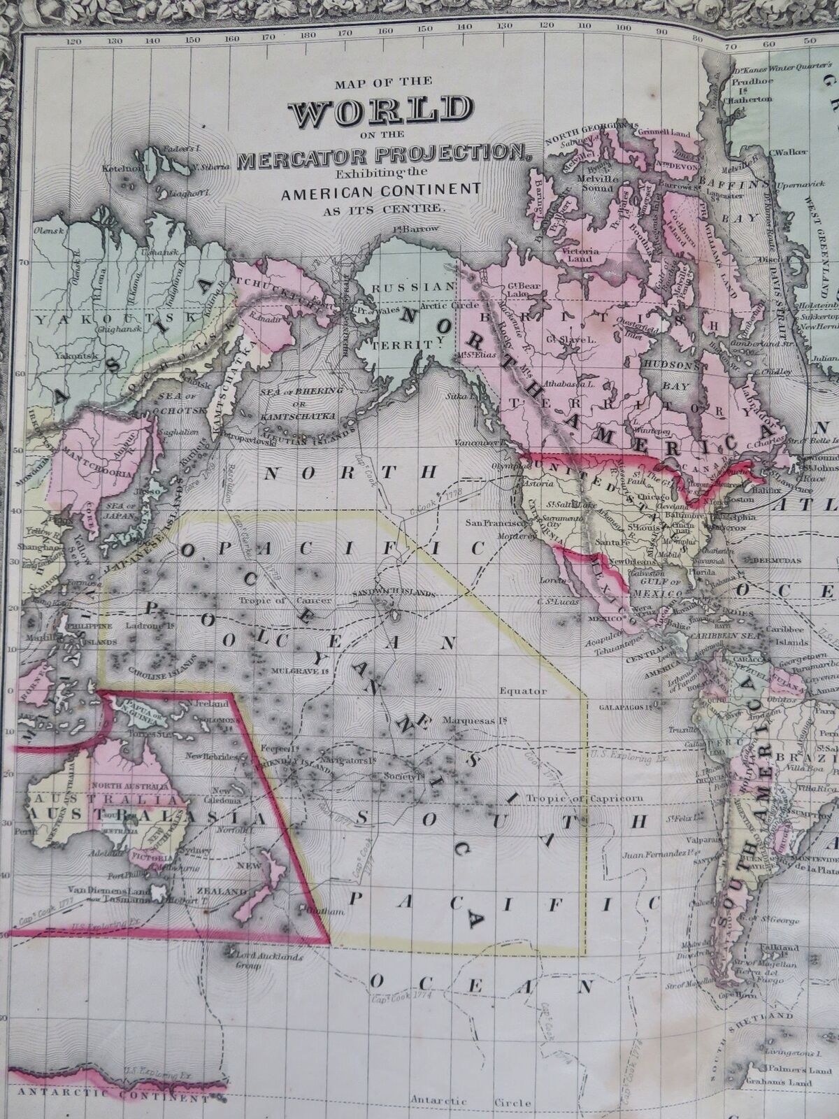 World Map Mercator's Projection Americas Australia Europe Asia 1860 ...