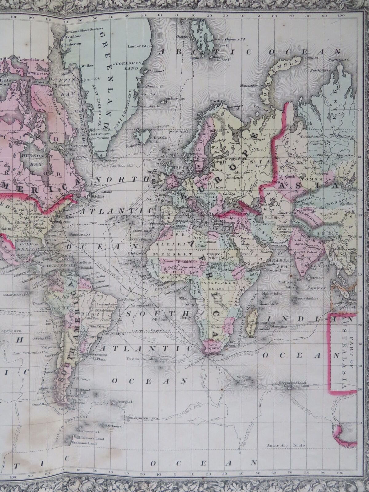 World Map Mercator's Projection Americas Australia Europe Asia 1860 ...
