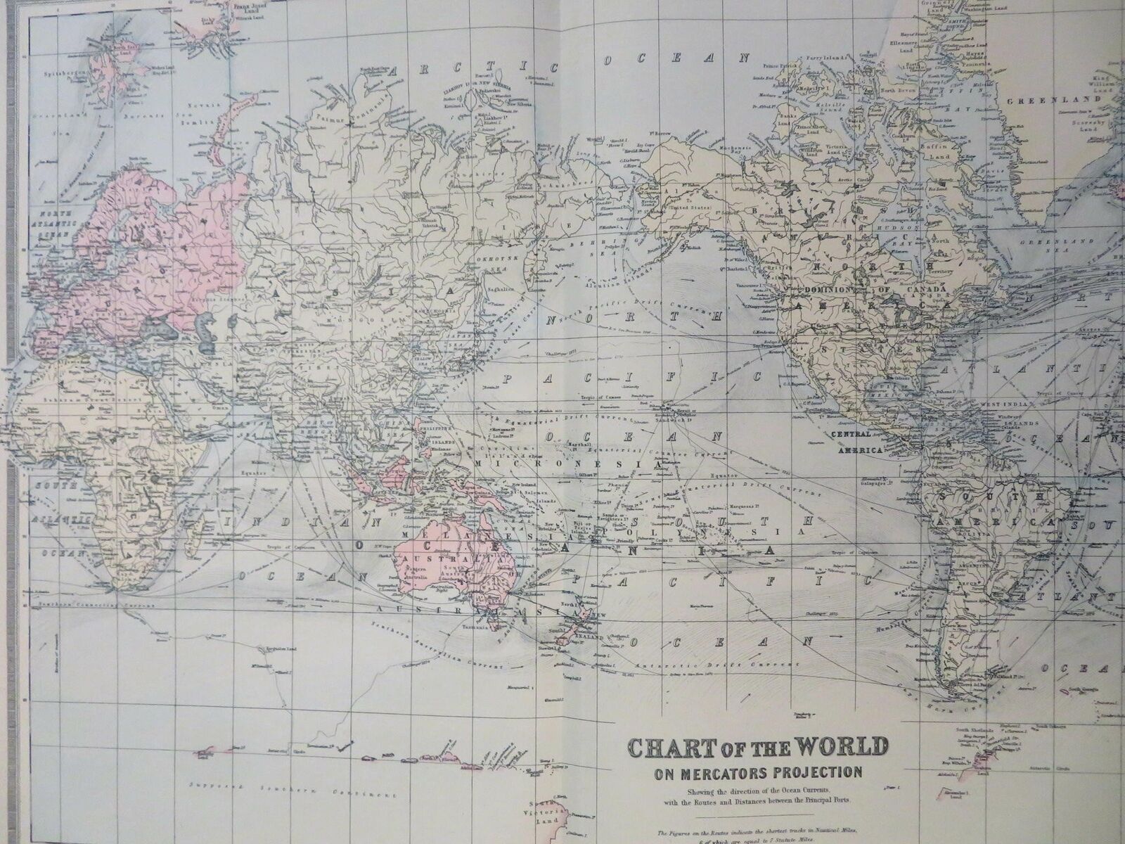 World Map on Mercator's Projection Shipping Routes Currents 1895 ...