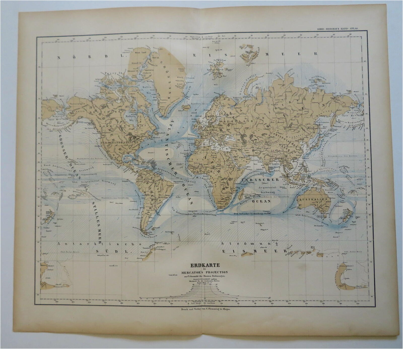 World Map Mercator's Projection Oceans southern continent 1886 Flemming ...
