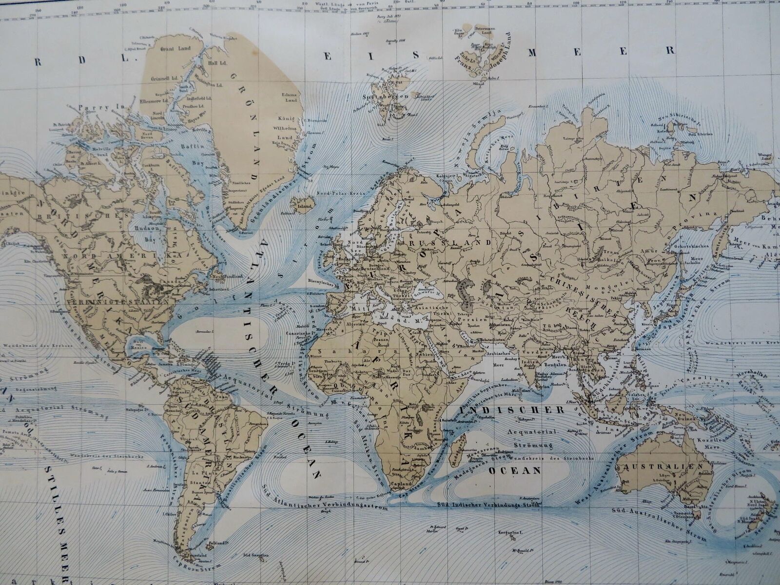 World Map Mercator's Projection Oceans southern continent 1886 Flemming ...