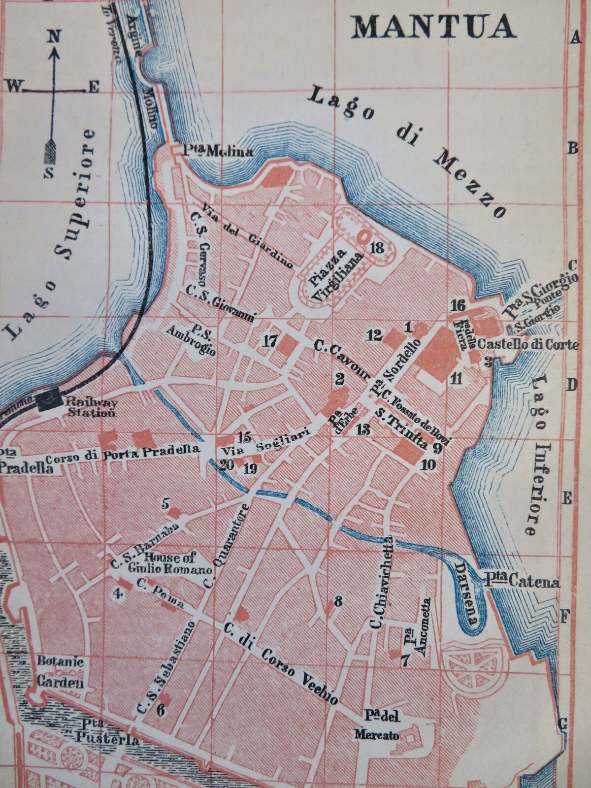 Mantua Italy Detailed City Plan Gardens Piazzas Railway c. 1890's ...