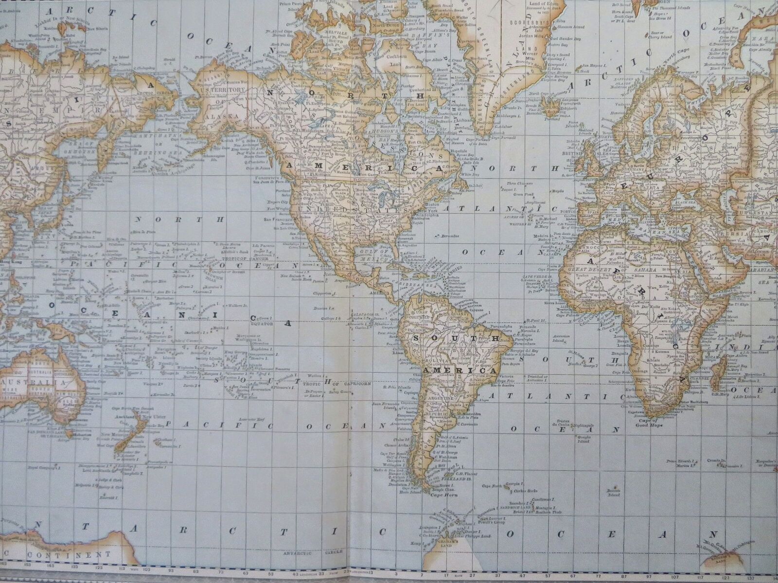 World Map Mercator's Projection Americas Africa Europe Asia 1882 large ...