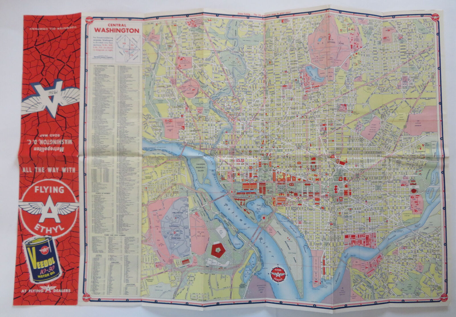 Washington D.C. Tourist Road Map c. 1956 Tidewater Oil promotional ...