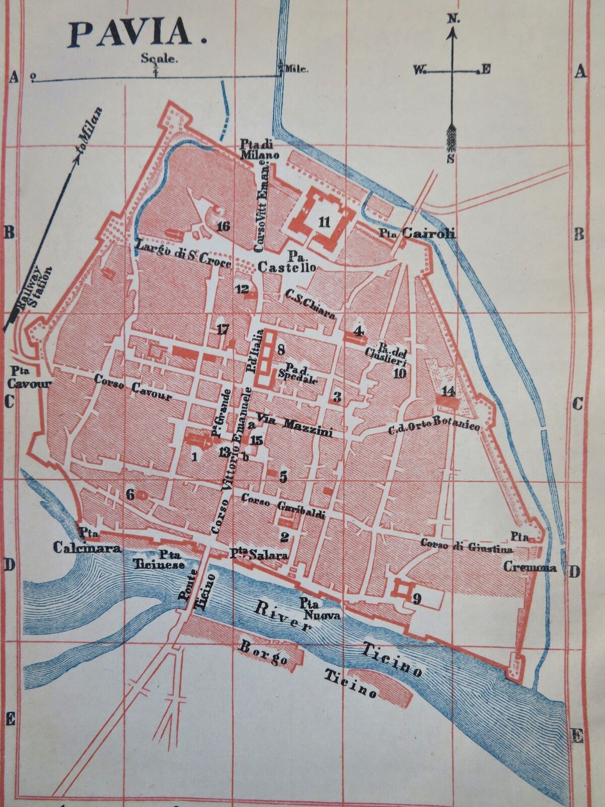 Pavia Italy Detailed City Plan Churches Fortifications c. 1890's ...