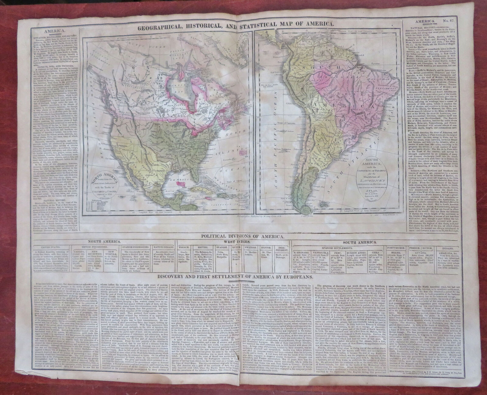 North & South America early United States 1821 Phila. Carey lg. hand ...