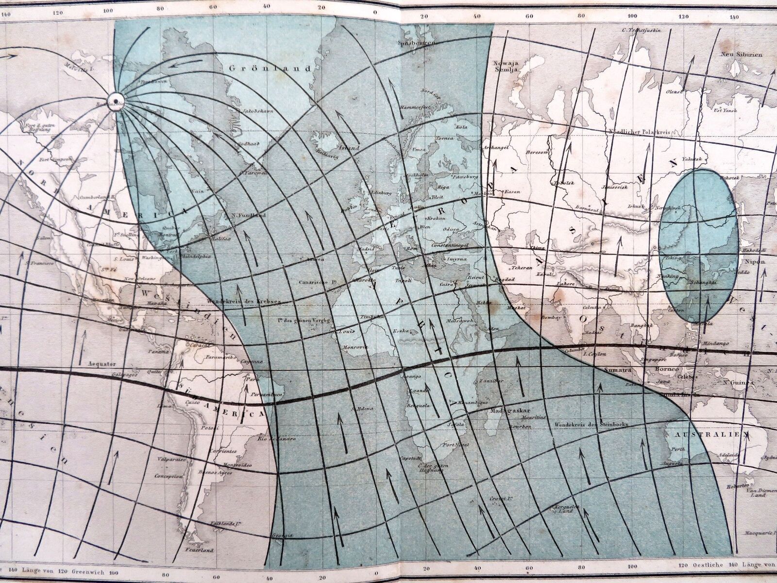 Magnetic Meridians World Magnetic Zones 1865 Baehr scientific map ...