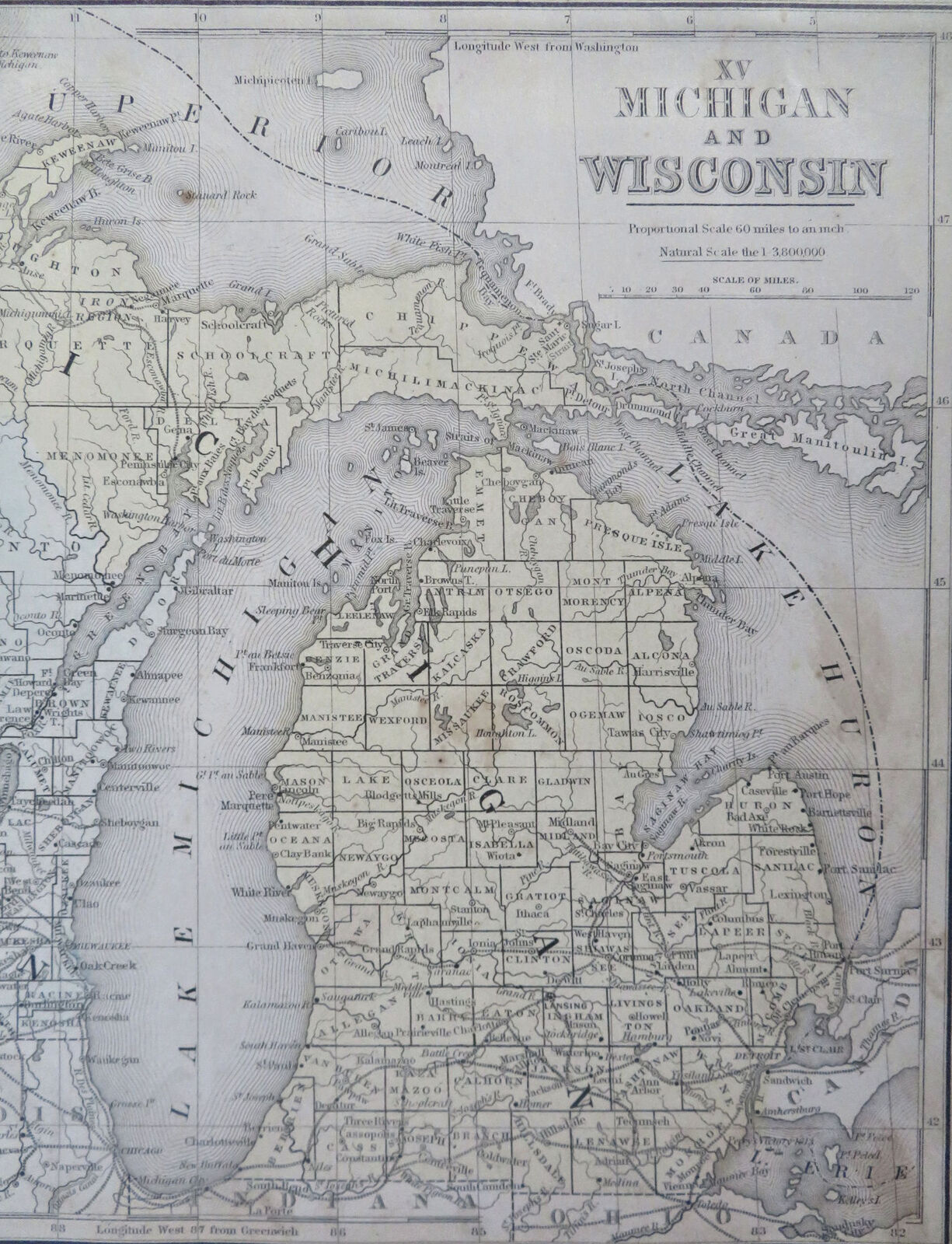 Michigan & Wisconsin Milwaukee Green Bay Detroit 1869 Mitchell hand ...