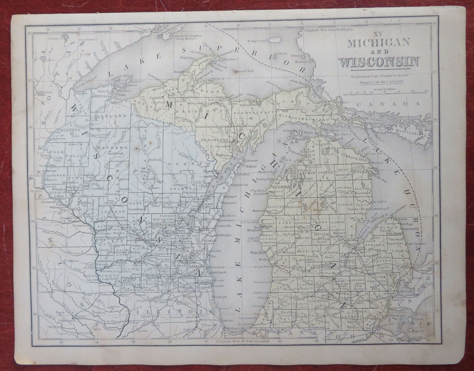 Michigan & Wisconsin Milwaukee Green Bay Detroit 1869 Mitchell hand ...