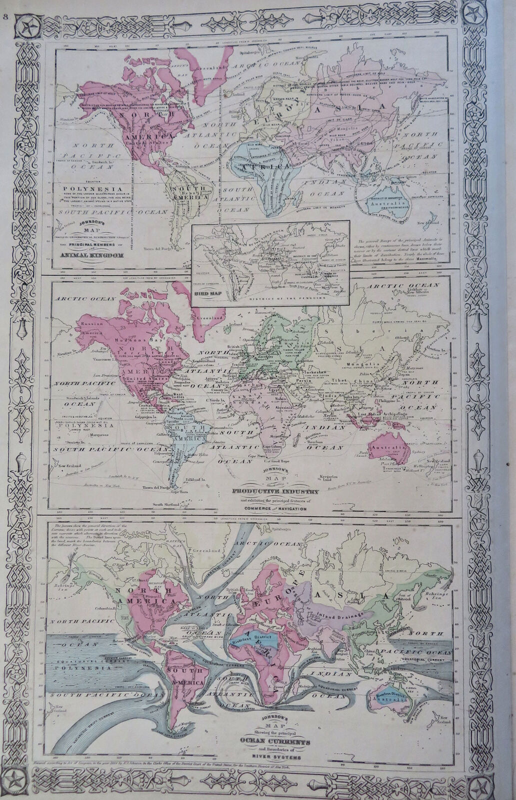 World Map Plants Ocean Currents Animals Industry 1867 Johnson thematic ...