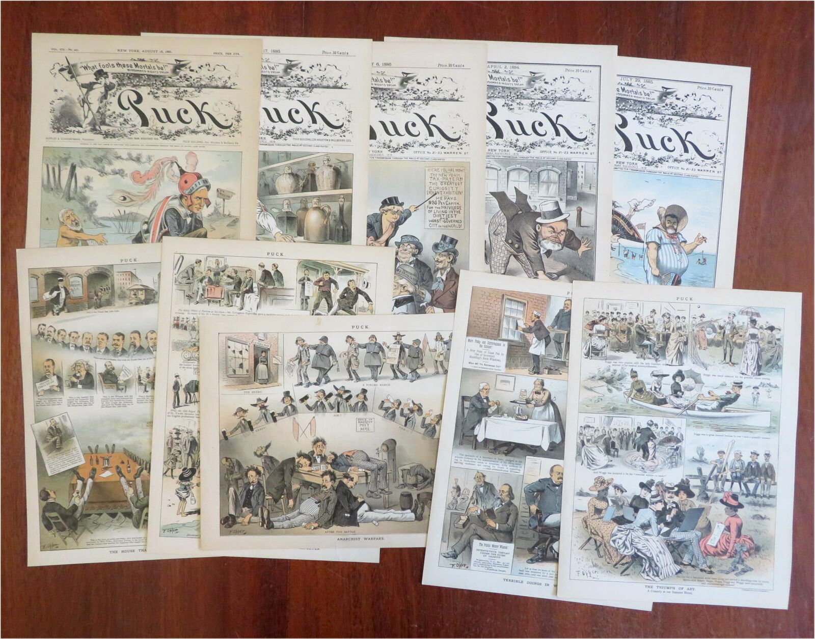 F. Opper political cartooning 1886 Puck Humor Lot x 10 original color ...