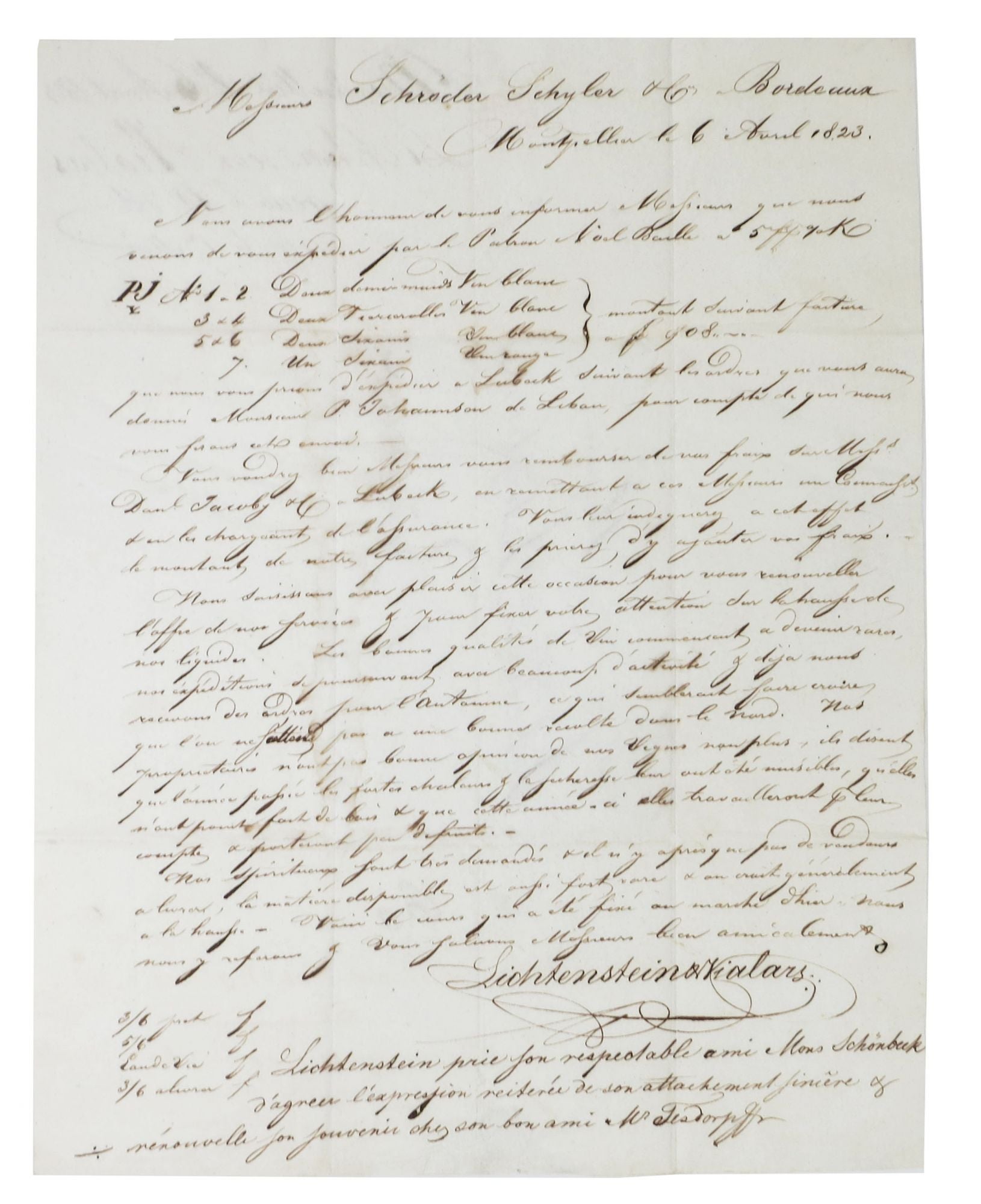 MANUSCRIPT ALs ORDER For WINE To SCHRÖDER & SCHYLER Of BORDEAUX From ...