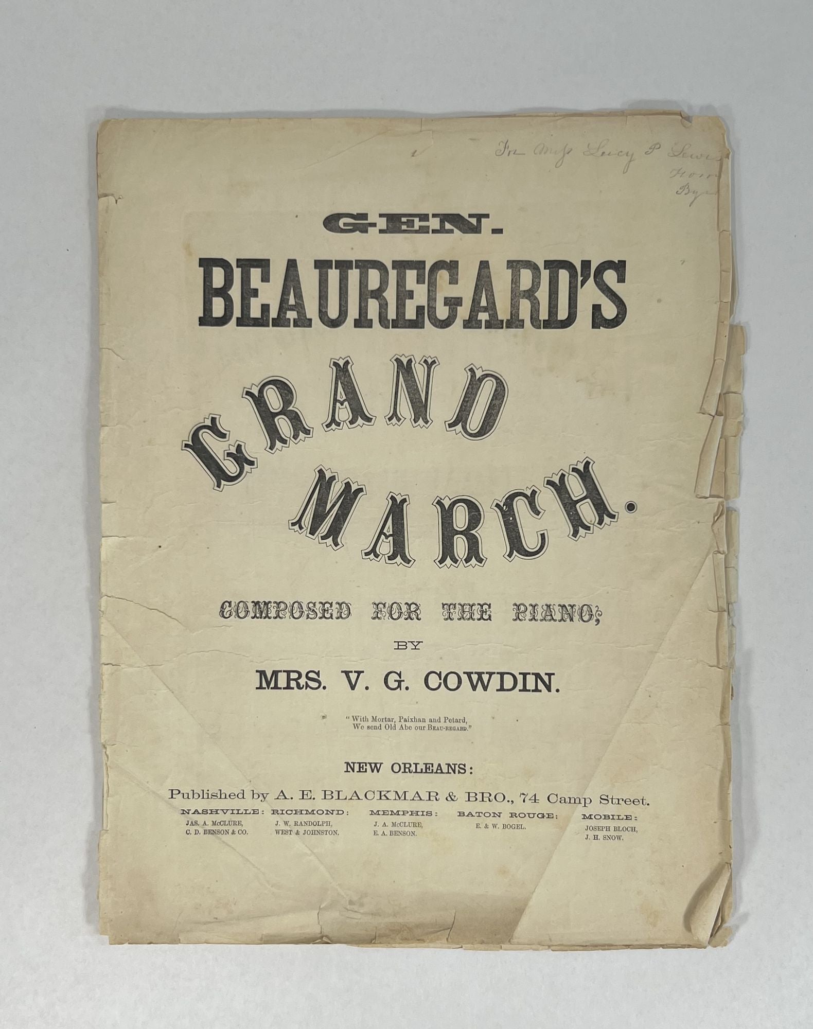 [Confederate Imprint] [Sheet Music] Gen. Beauregard's Grand March ...