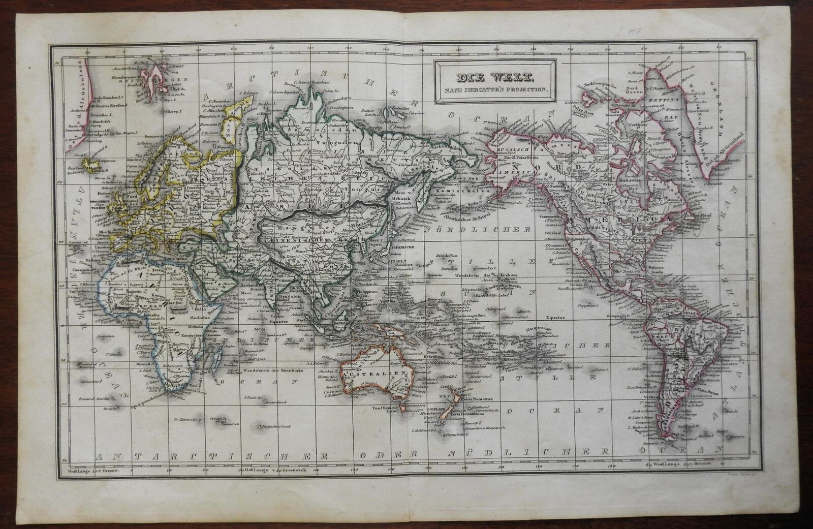 World Map on Mercator's Projection 1851 Franz Biller engraved map hand ...