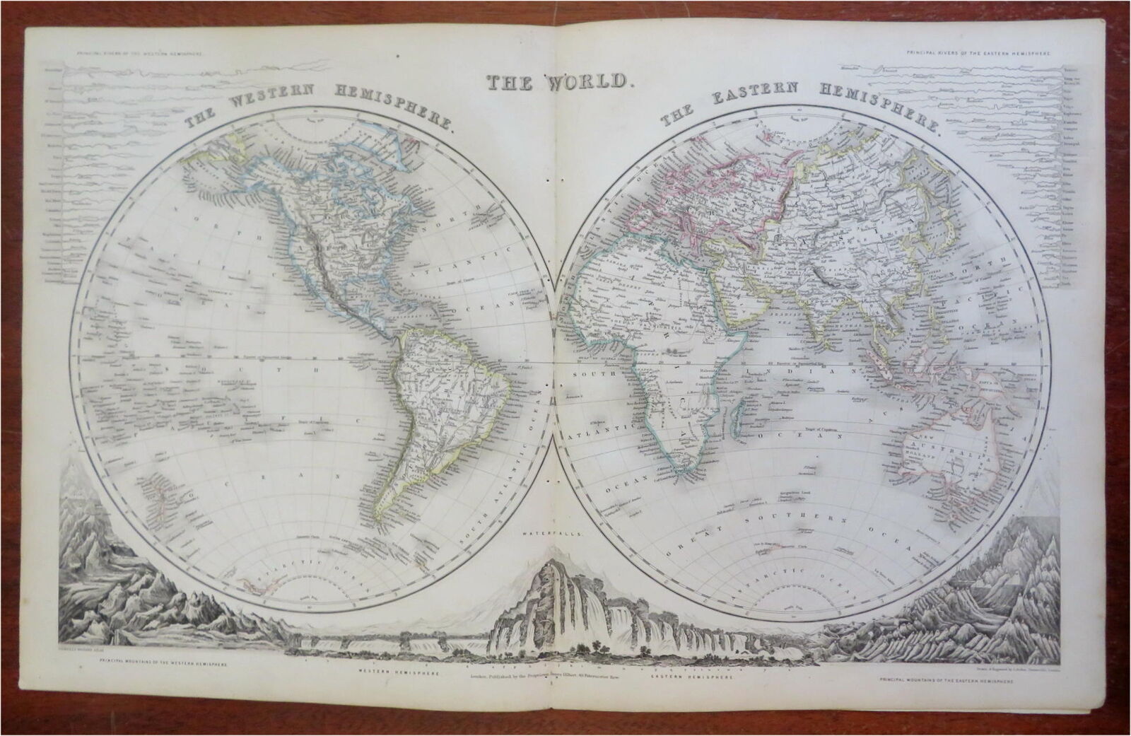 World Map in Double Hemispheres Mountain Ranges c. 1850-8 Archer ...