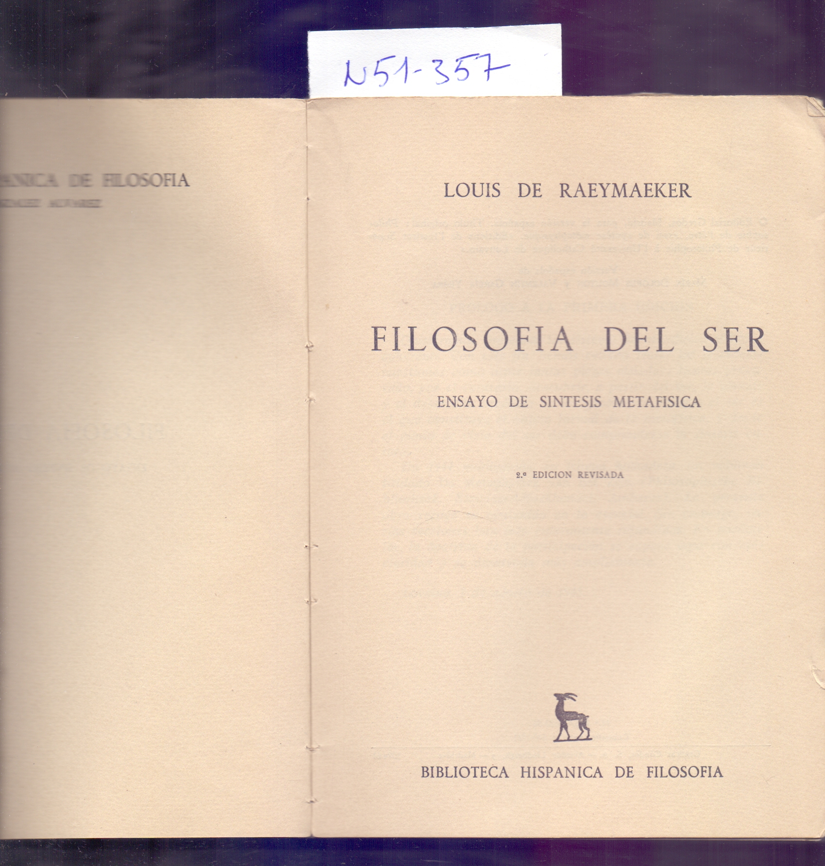 FILOSOFIA DEL SER, ENSAYO DE SINTESIS METAFISICA de Louis de Raeymaeker ...