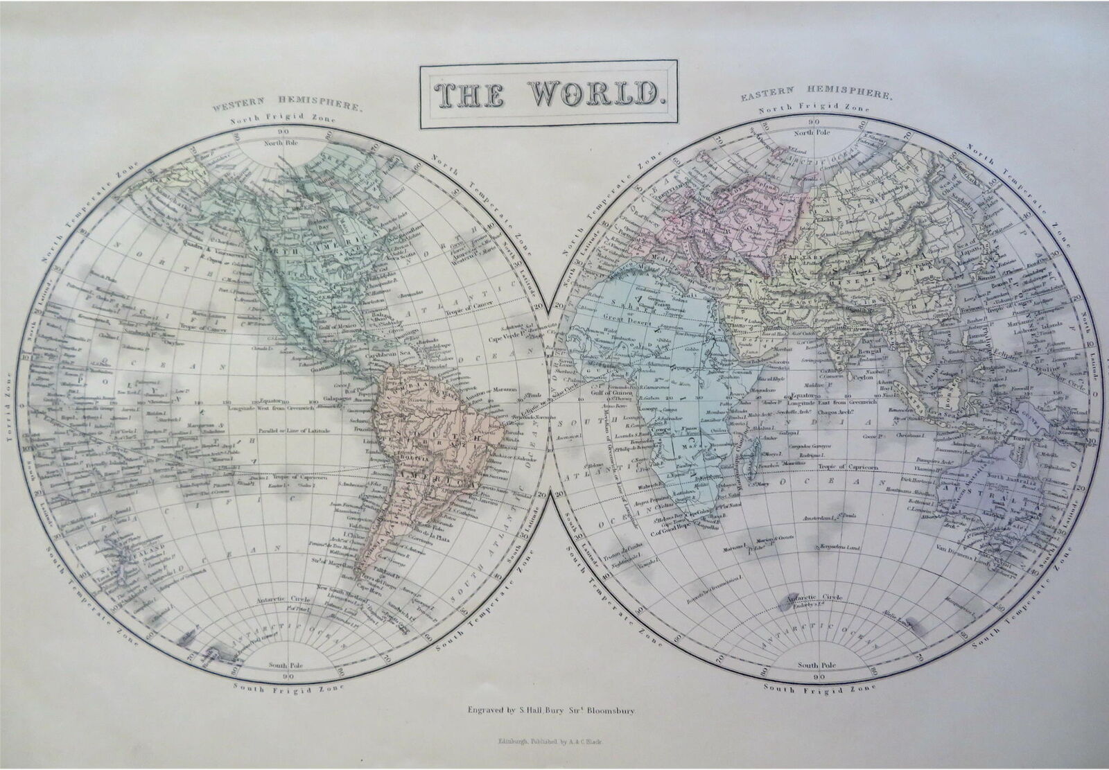 World Map in Double Hemispheres 1853 Hall engraved hand colored map ...