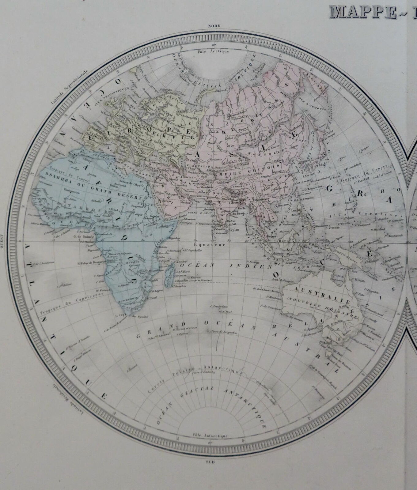 World Map in Double Hemispheres 1861 Tardieu large hand color map ...