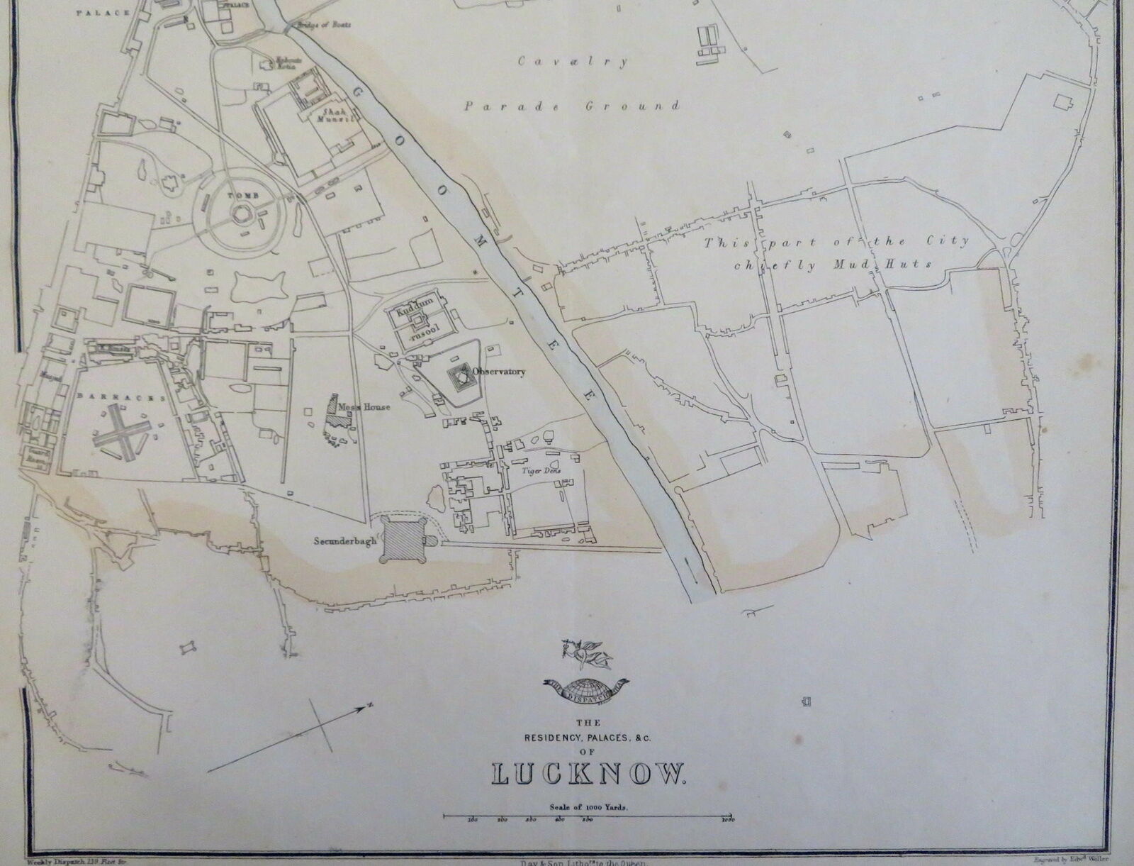 Lucknow British India Residency Palaces c. 1856-72 Weller city plan map ...