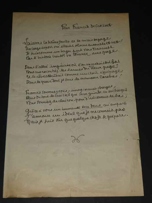 Pour Françis de Croisset (SIGNED AUTOGRAPH POEM BY JEAN COCTEAU from ...