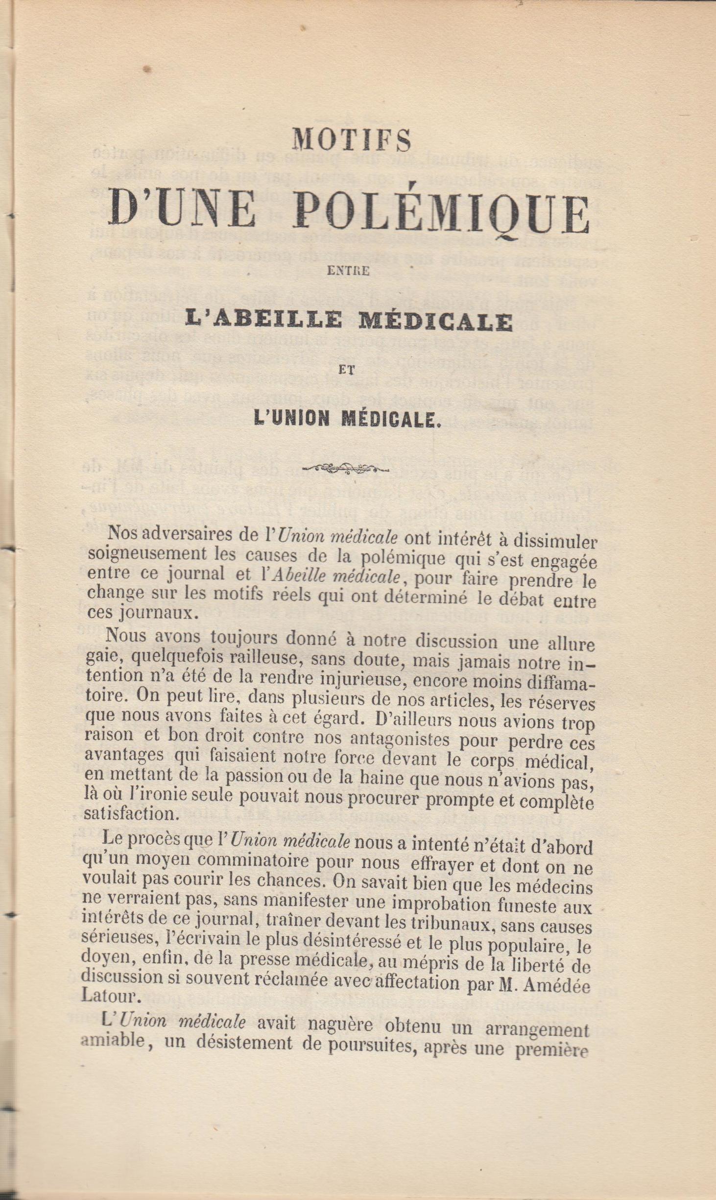 Motifs d'une polémique entre l'Abeille médicale et l'Union médicale by ...