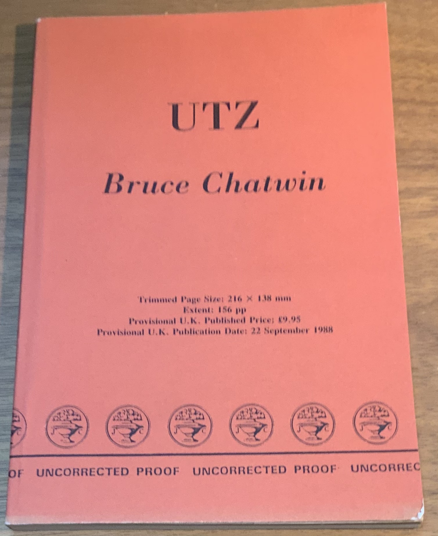 Utz (Uncorrected proof) by Chatwin, Bruce: Very Good Soft cover (1988 ...