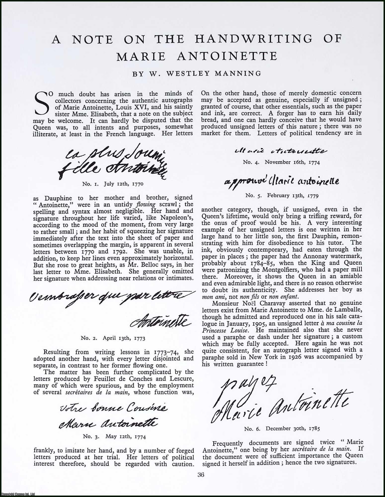 The Handwriting of Marie Antoinette. By W. Westley Manning. An original ...