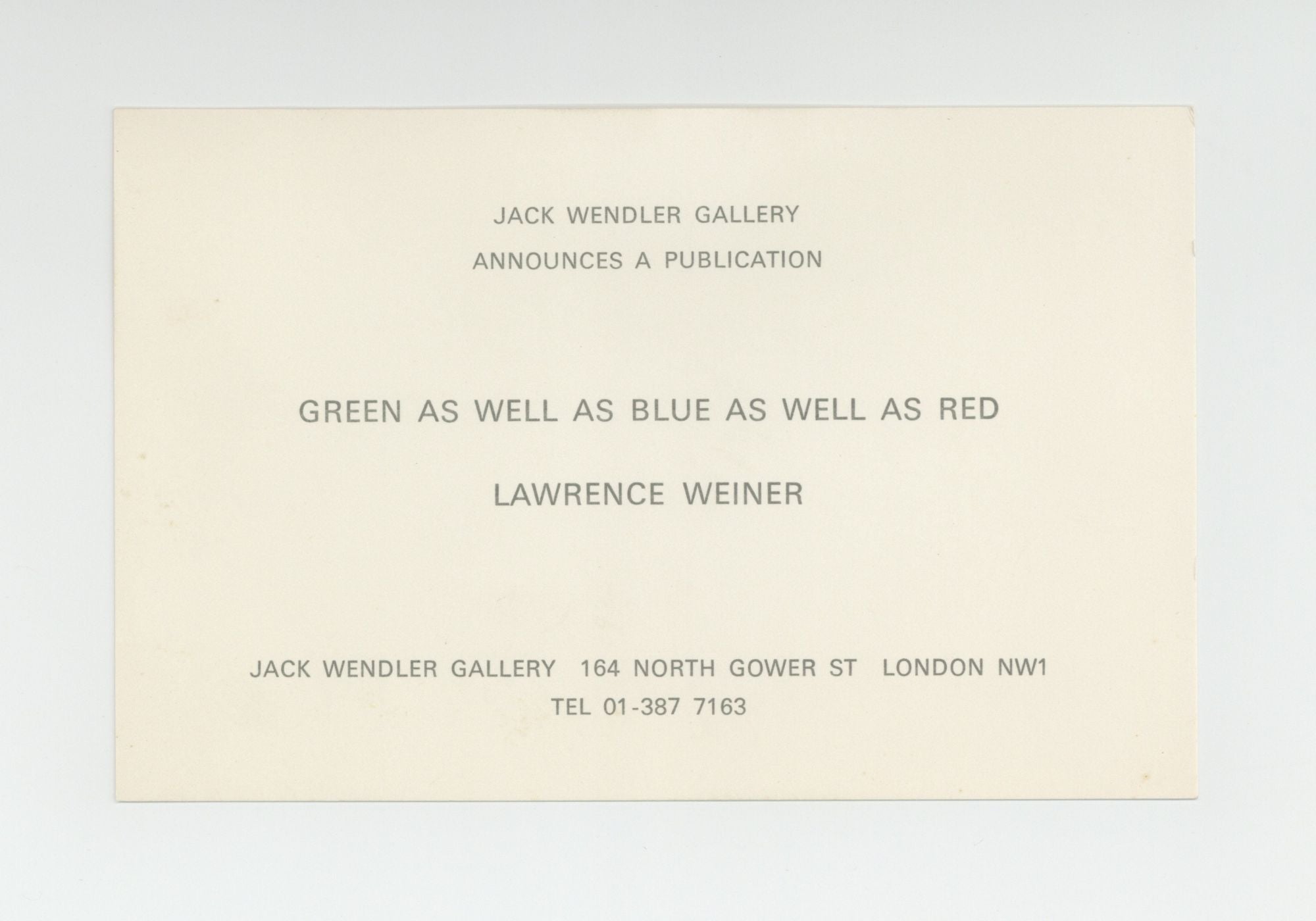 Announcement card: Jack Wendler Gallery Announces a Publication: Green ...