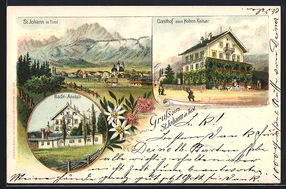 Lithographie St. Johann in Tirol, Gasthof zum Hohen Kaiser, Bade ...